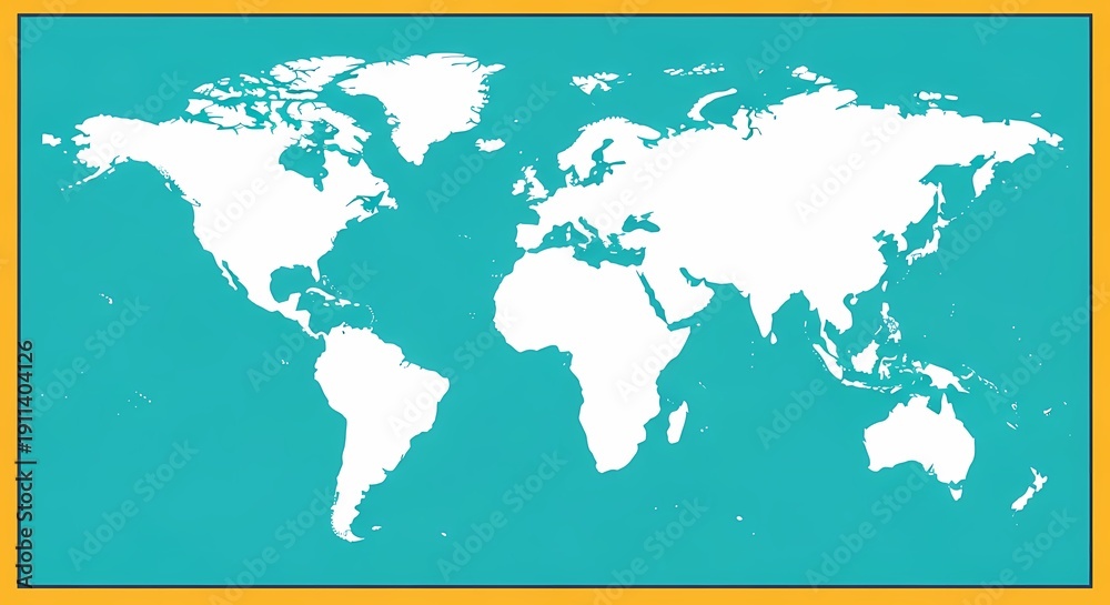A simple, stylized world map showing all continents in white on a teal ...