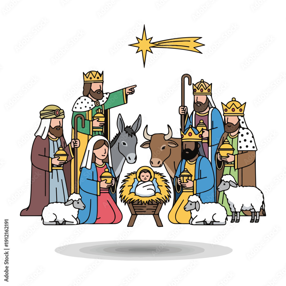 Image vectorielle Stock Nativity scene with Holy Family Three Wise Men ...