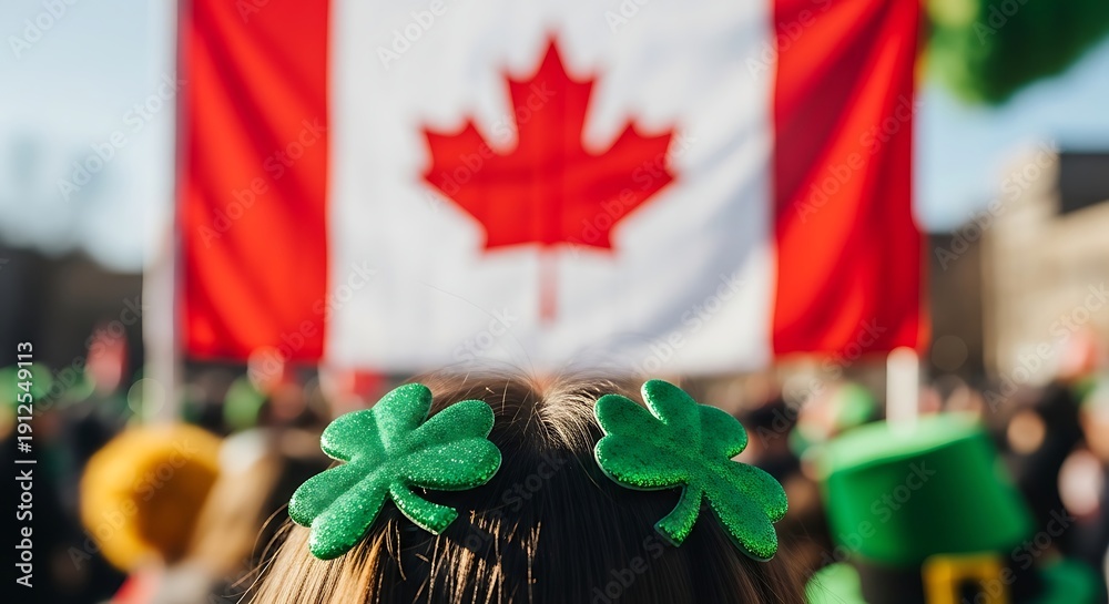 Crowd at a St. Patrick's Day parade in Canada, with a Canadian flag and ...