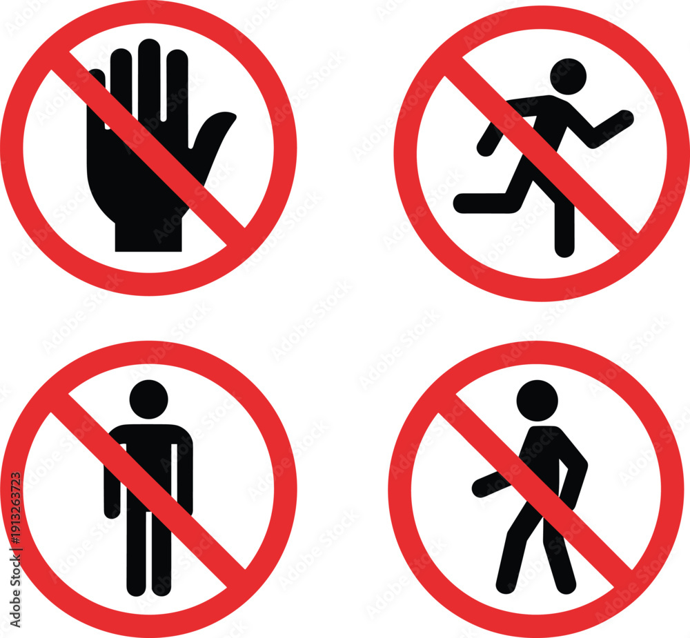 Prohibition and no entry warning icons set showing forbidden actions ...