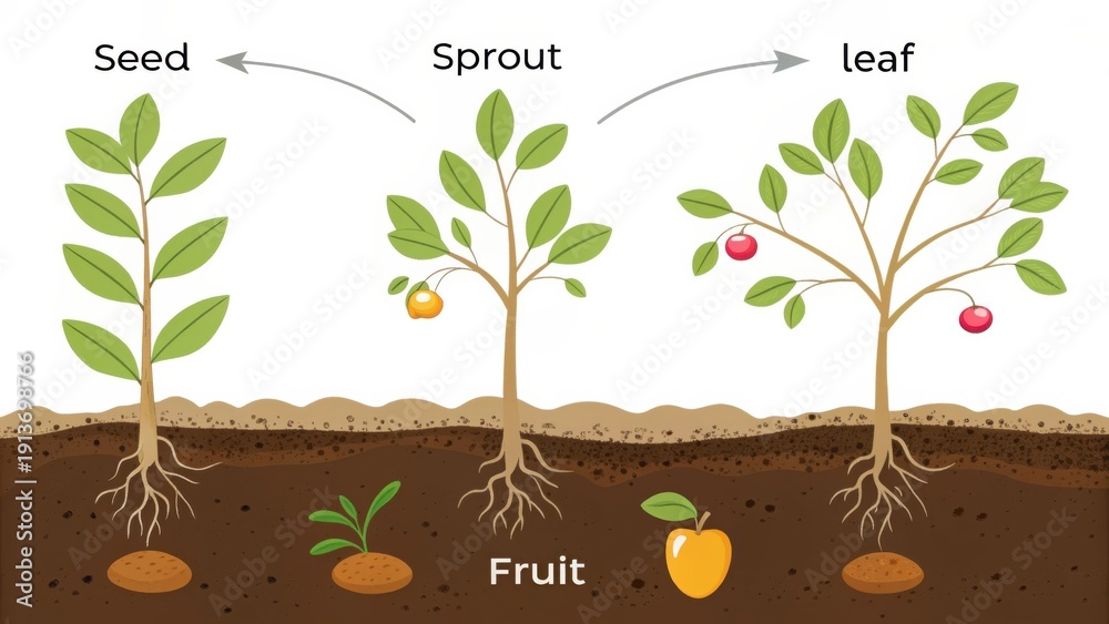 Life Cycle of a Fruit Plant from Seed to Sprout with Leaf and Fruit ...