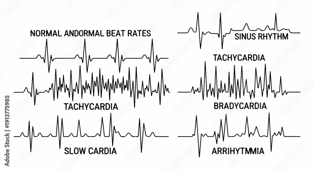Diverse ECG wave patterns showing normal and abnormal heart rhythms の ...