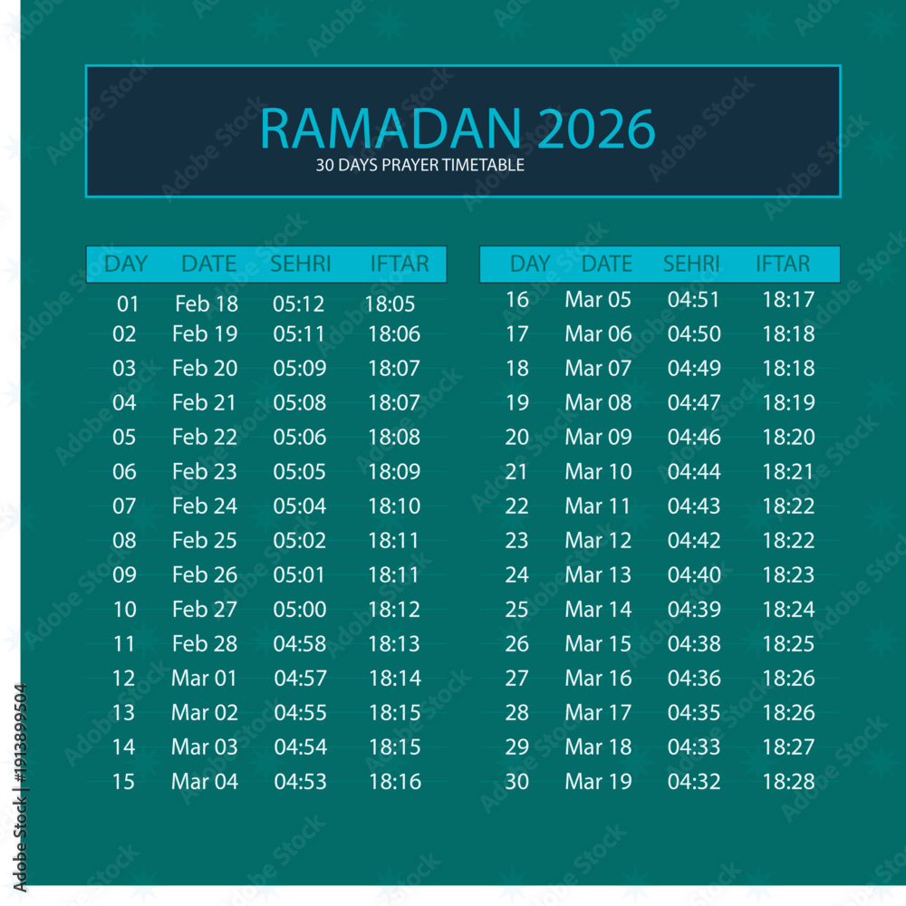 Image vectorielle Stock Ramadan 2026 with 30-day prayer timetable with ...