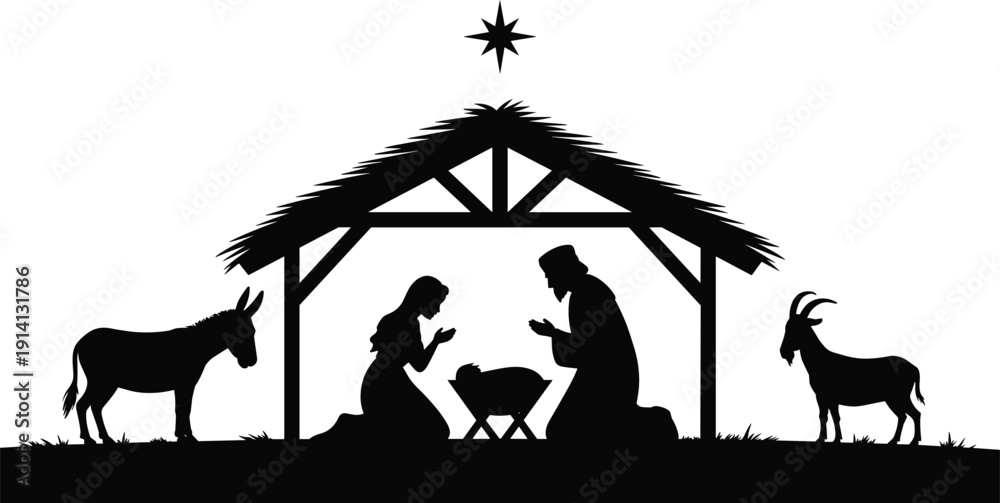 Nativity silhouettes illustration with stable, star of Bethlehem, Mary ...