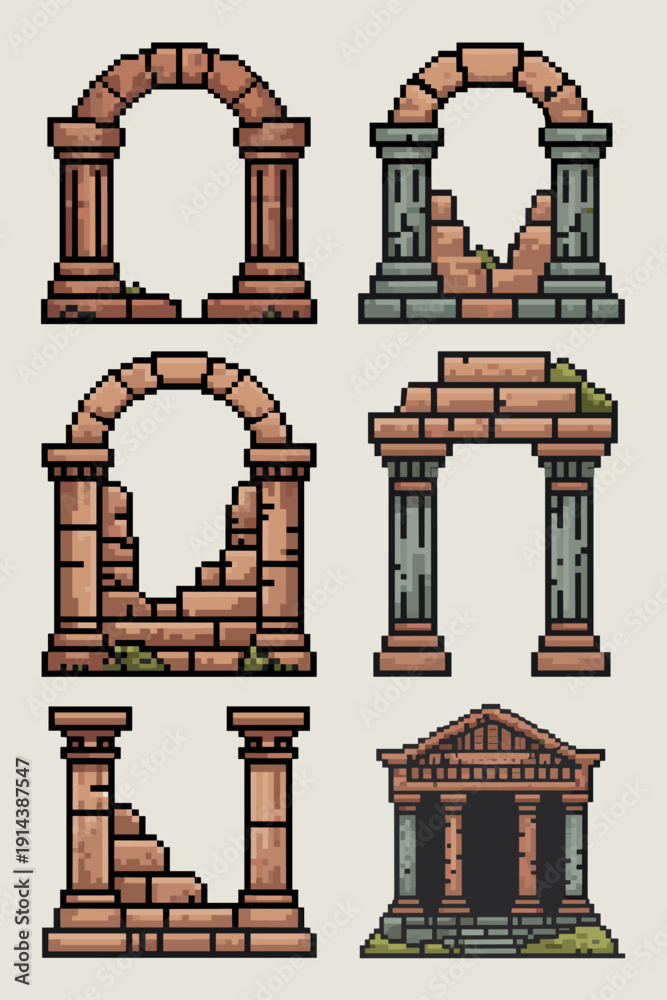 Image vectorielle Stock Pixel art ancient ruins and classical ...