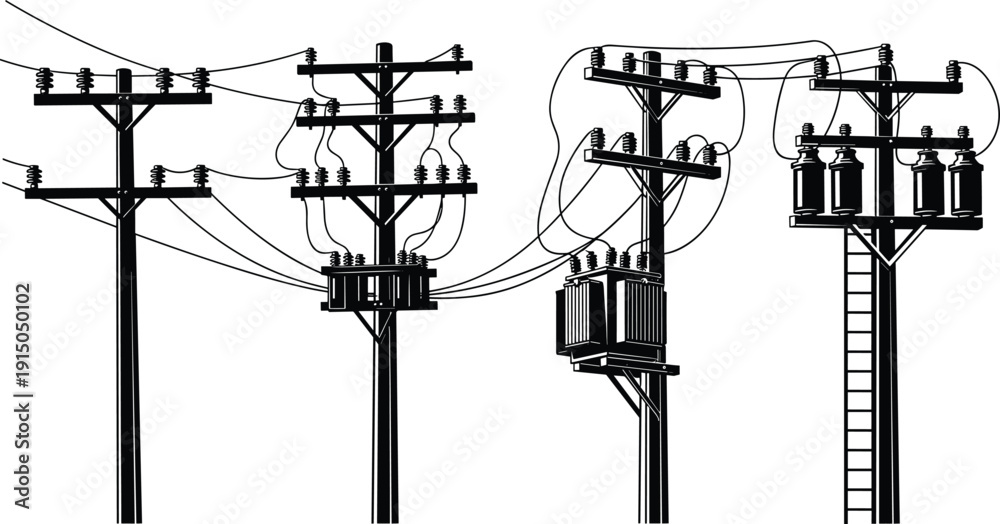 Electric power lines silhouette, utility poles with hanging wires ...