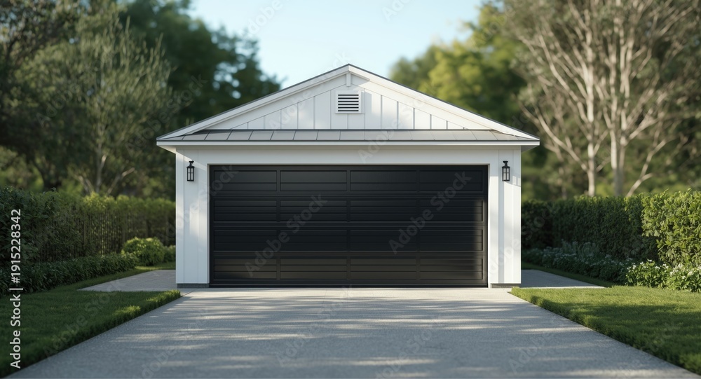 Double white garage building with pitched roof and black metal ...