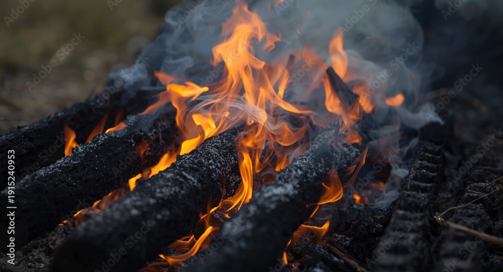 Foto de Stock Smoky fire climbing over charred wooden beams | Adobe Stock
