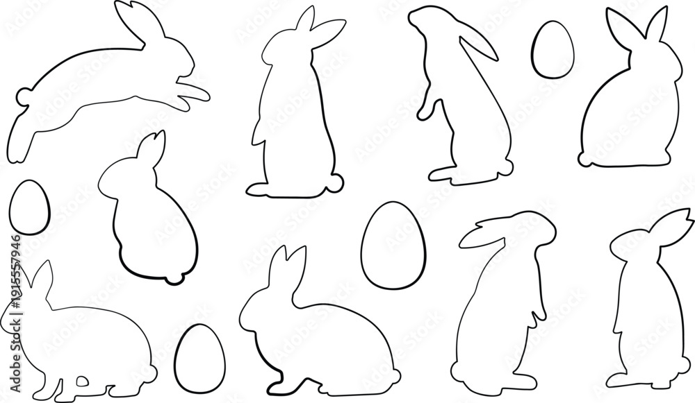 Easter bunny and eggs line art shapes clip art vector set Stock Vector ...