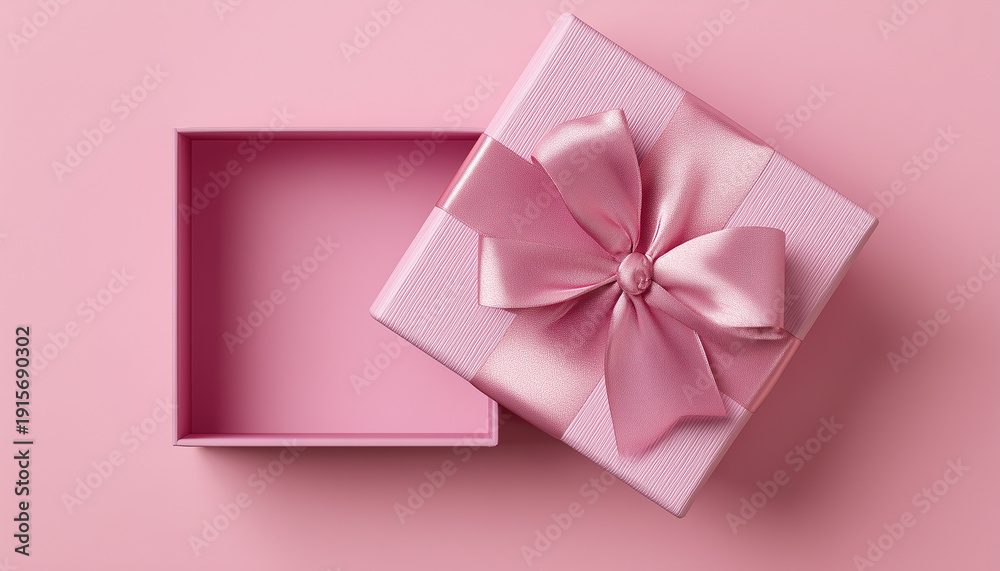 Illustration Stock Open present box wrapped with red bow tie on pink ...