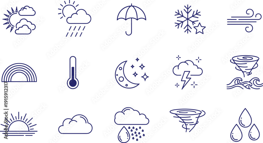 Weather icons forecast symbols for rain sun snow storm clouds umbrella ...