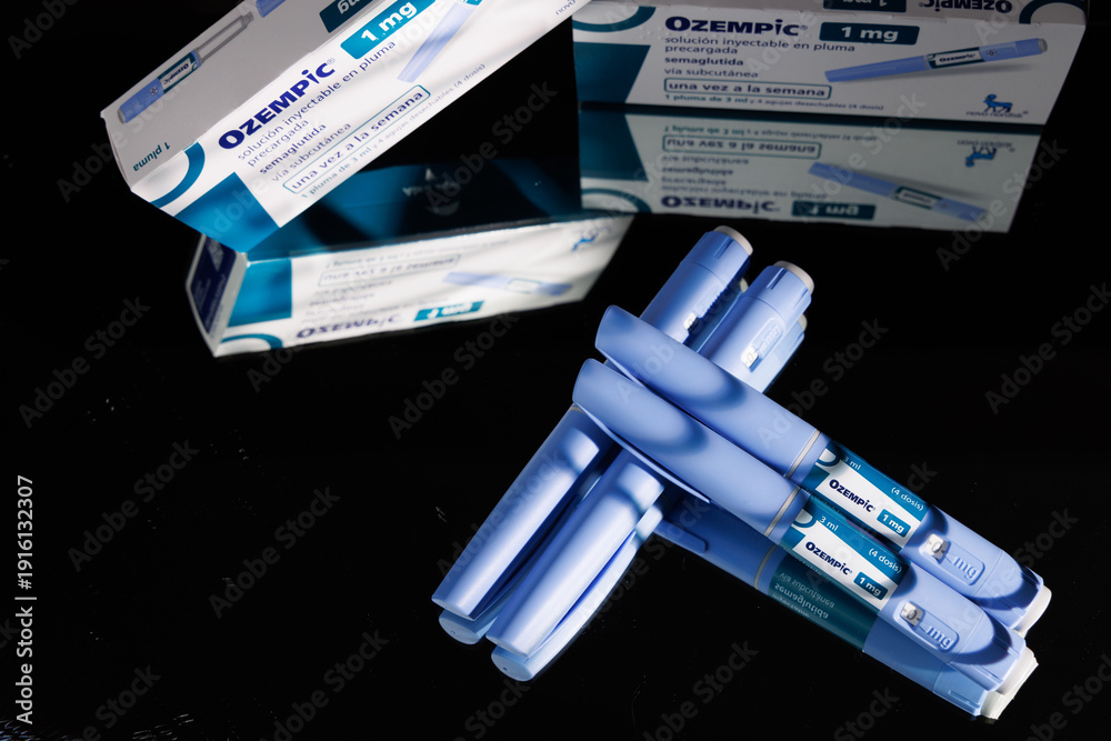 Photo Stock Medical ozempic semaglutide pens and boxes on a black ...