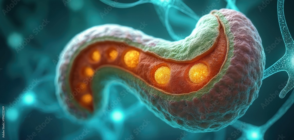 Microscopic view of pancreas tissue. Shows lobules and glowing ...
