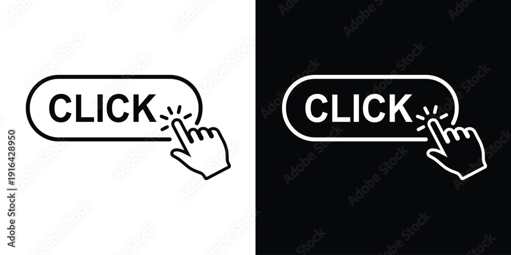 Cursor hand clicking a "CLICK" button. Minimalist black and white ...