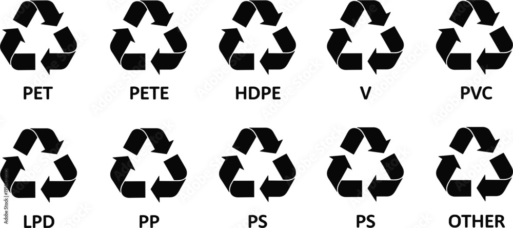 Stock-Vektorgrafik „Set of black plastic recycling symbols with resin ...
