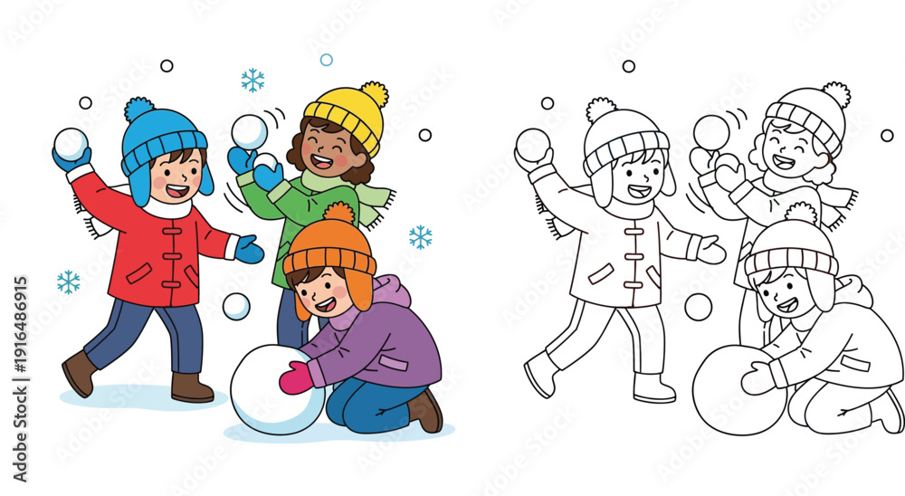 Image vectorielle Stock Cute children playing with snowballs in winter ...