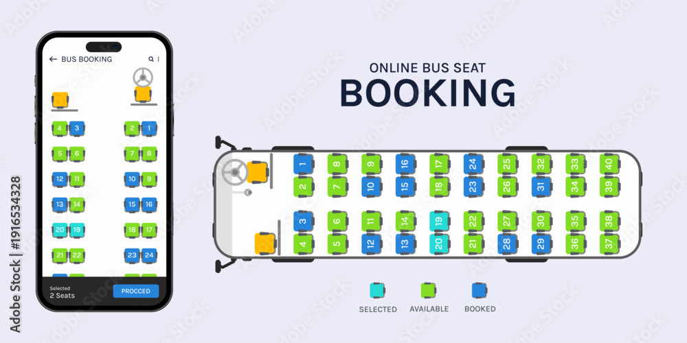 Vetor Online Bus Ticket Booking App UI Interface with Coach Bus Seat ...