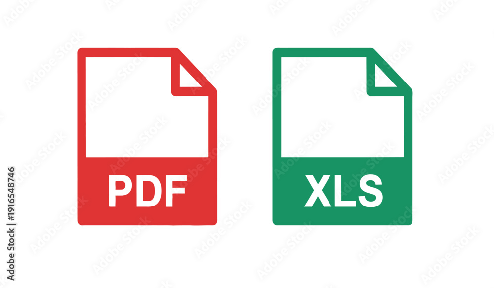 Colorful pdf and xls file format icons in red and green on for document ...