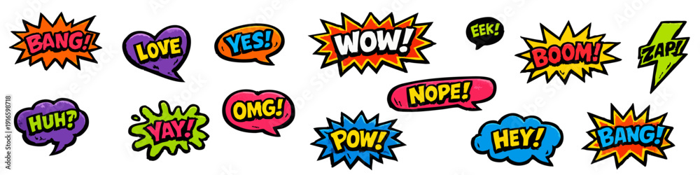Colorful collection of comic book speech bubbles and onomatopoeia sound ...