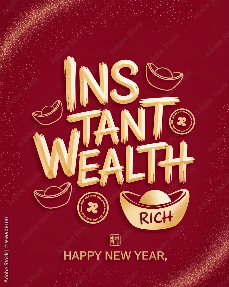 Vibrant red and gold lunar new year greeting card with bold typography ...