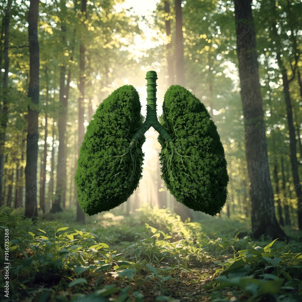 Conceptual image of tree shaped like human lungs in natural forest ...