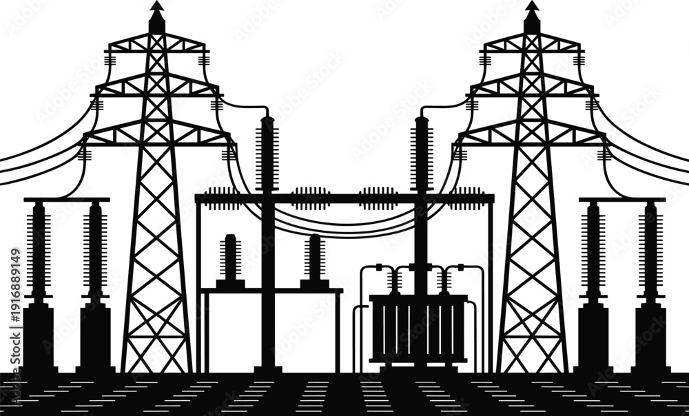 Electric power substation silhouette with high voltage pylons ...
