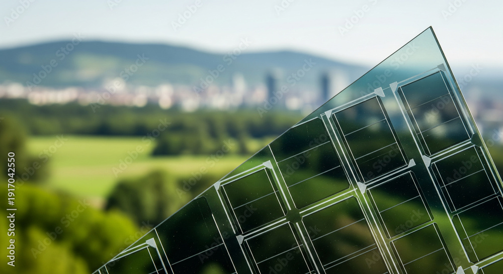 Foto de Stock Transparent photovoltaic glass technology converts ...