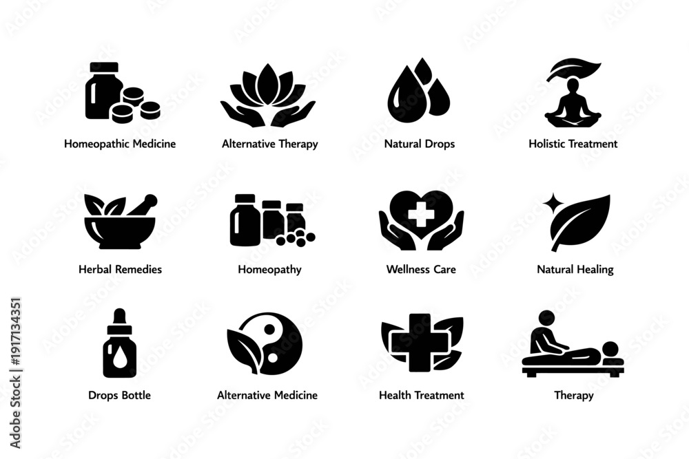 Holistic and alternative health icons: homeopathy, wellness, and ...