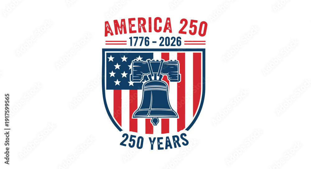 America 250th anniversary logo, patriotic shield with Liberty Bell and ...