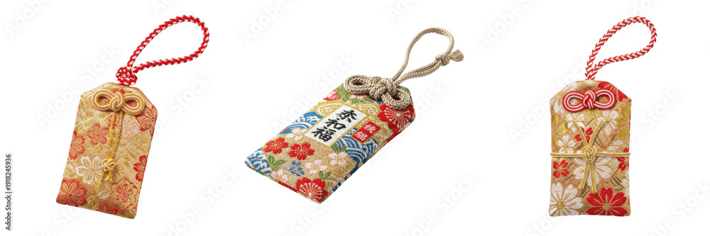 Set of traditional Japanese omamori amulets for good luck and ...