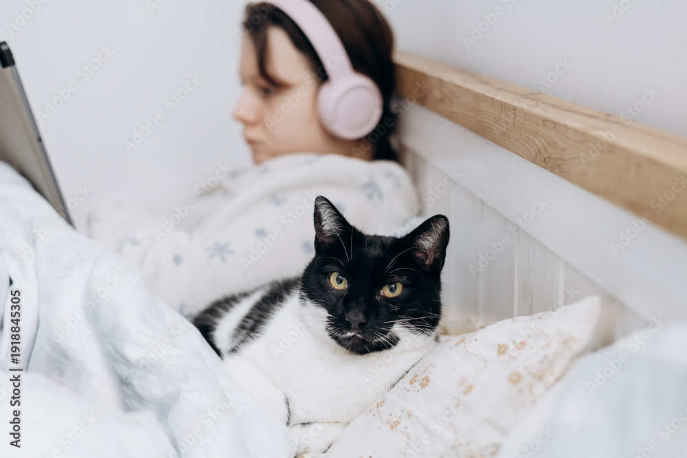 Teenager chilling in bed with her cat Stock Photo | Adobe Stock