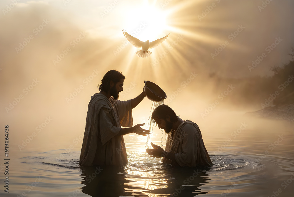 Baptism of Jesus Christ by John the Baptist in the Jordan River with ...