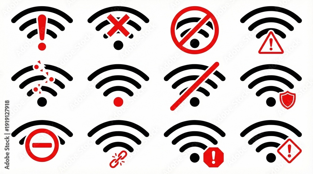 Grid of twelve Wi-Fi signal icons with red warning overlays, including ...