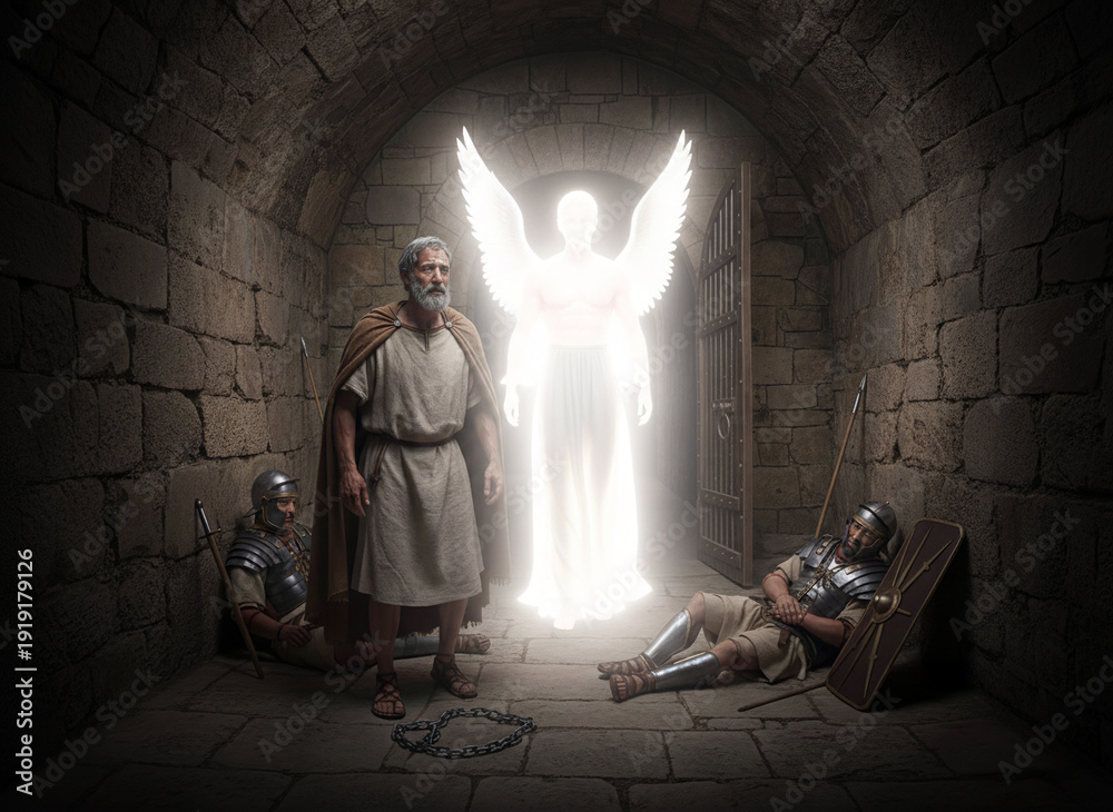Biblical event of an angel releasing Apostle Peter from prison as Roman ...