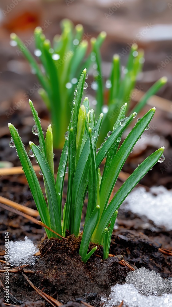 Foto de Stock Green spring sprouts with water drops growing from soil ...