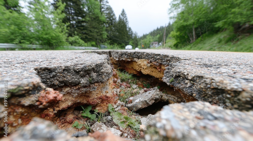 Asphalt road split with erosion damage exposing layers of soil ...