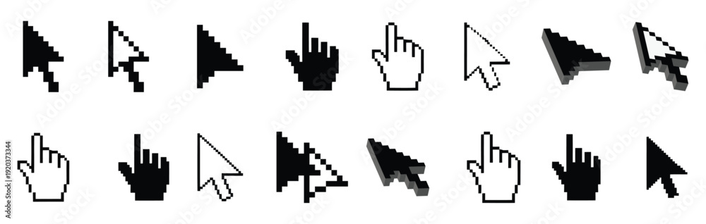 Mouse click cursor icon set. Cursor set in arrow forms. Pixel cursor ...
