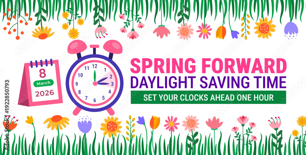 Spring Forward Daylight Saving Time 2026 Reminder Colorful Nature ...