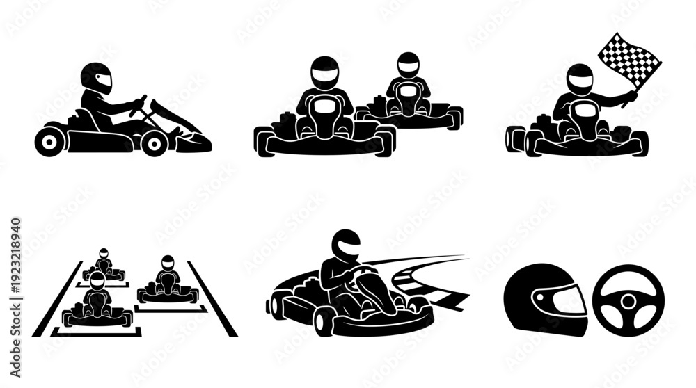 Go kart racing silhouette icon set vector illustration showing driver ...