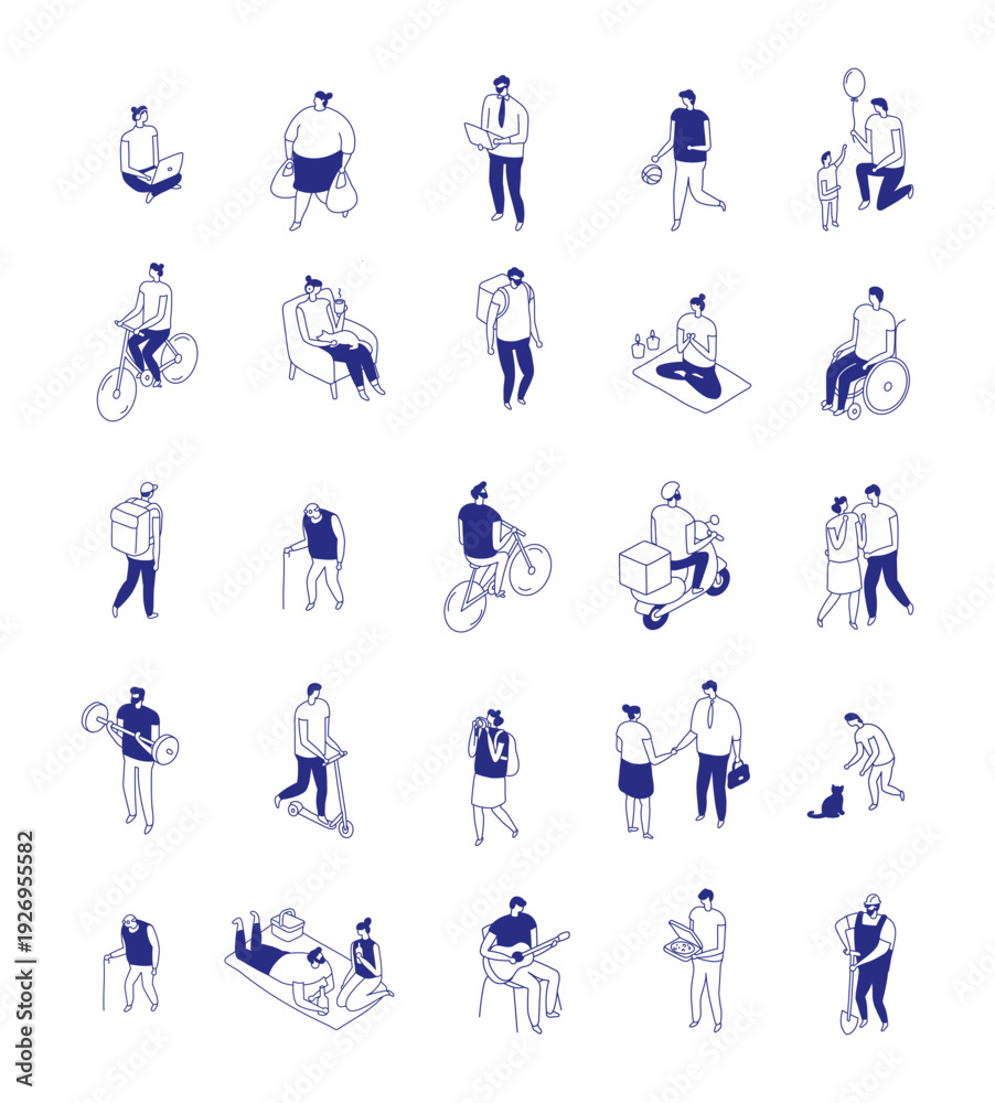 Isometric line people isolated set of diverse characters in everyday ...