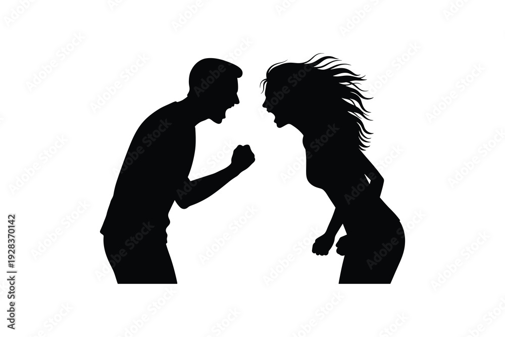 Angry Man and Woman Arguing Face to Face Silhouette - Couple Shouting ...