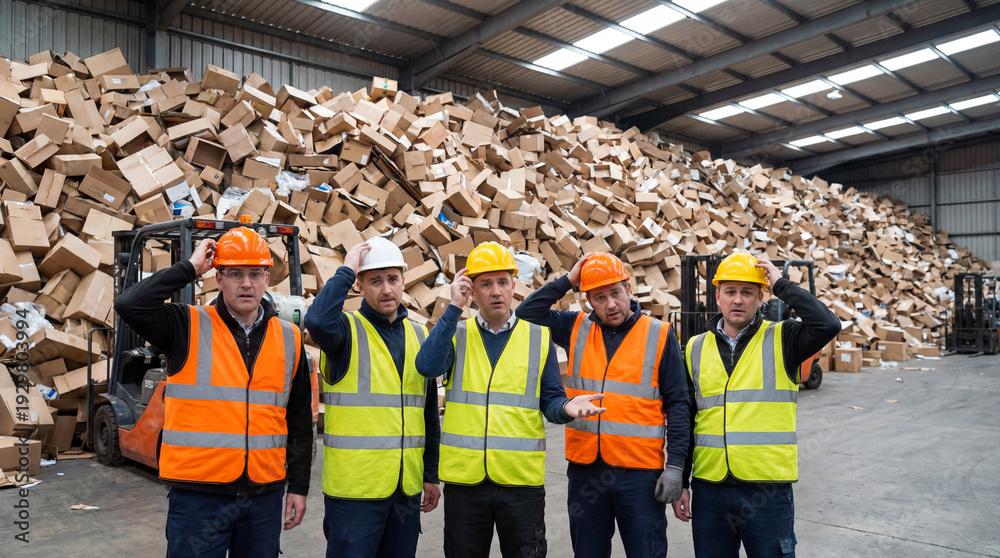 Frustrated logistics team standing in front of a massive pile of ...