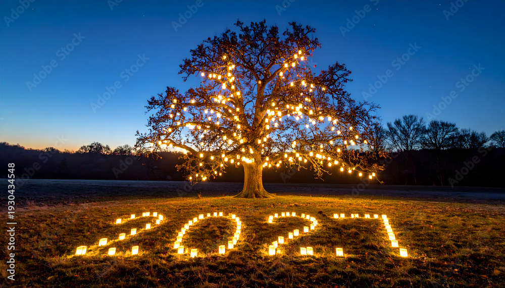 Large ancient oak tree decorated with thousands of warm white lanterns ...
