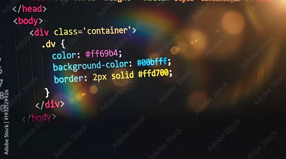 Web development coding screen with HTML and CSS syntax highlighting on ...