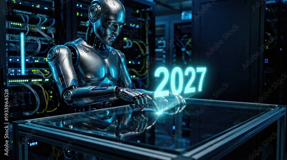 Photo Stock Robot using glass table interface with 2027 hologram in ...