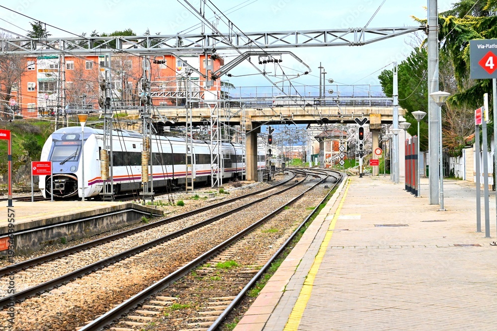 RENFE passenger train at Collado Villalba station, Madrid, Spain. March ...