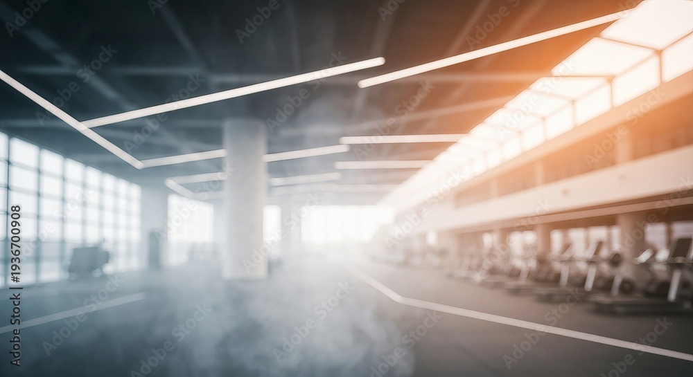 Cinematic view of a blurry ultra modern fitness center with minimalist ...