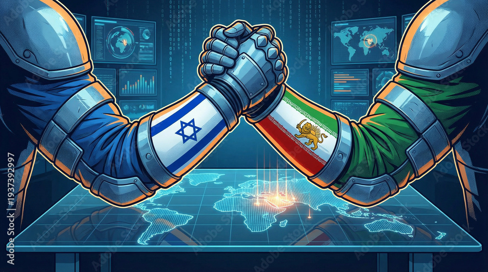 Robot arms with Israel and Iran flags clasp hands over world map Stock ...