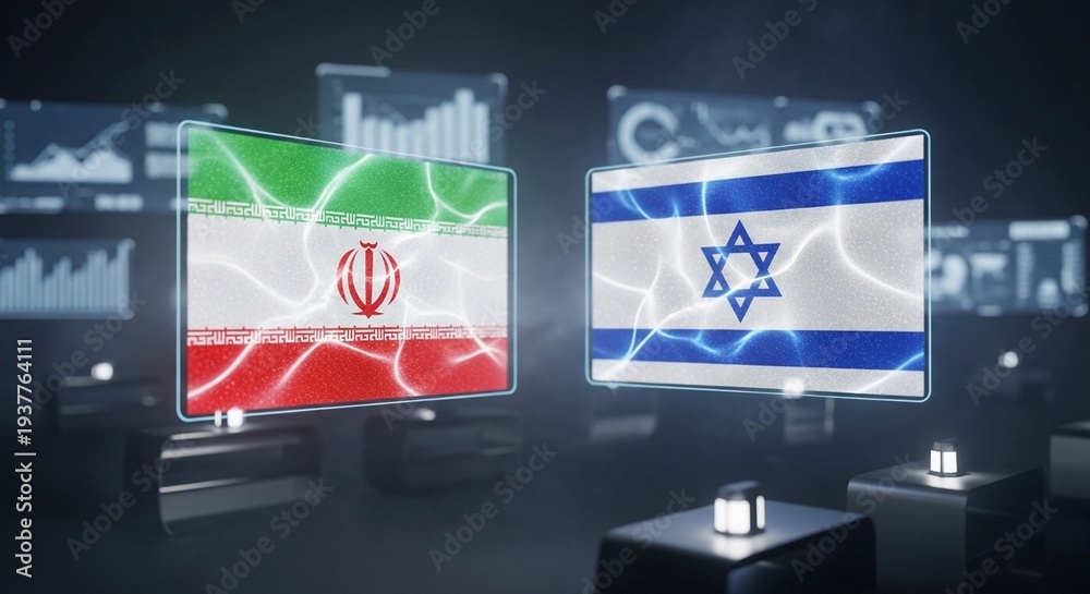 Iran and Israel flags on screens in dark room with graphs israel iran ...