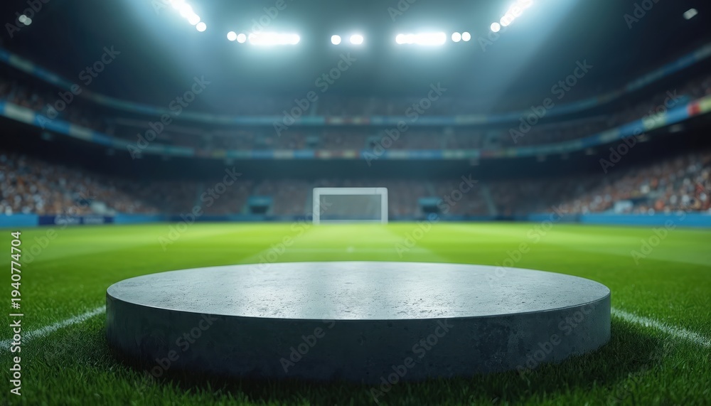 Round stone platform on green soccer field under bright stadium lights ...